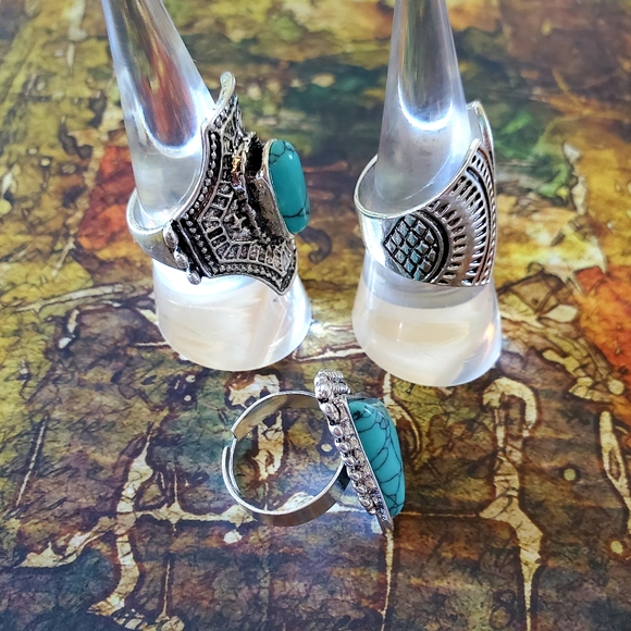 Jewelry | 3 Pc Turquoise Silvertone Boho Ring Set | Poshmark